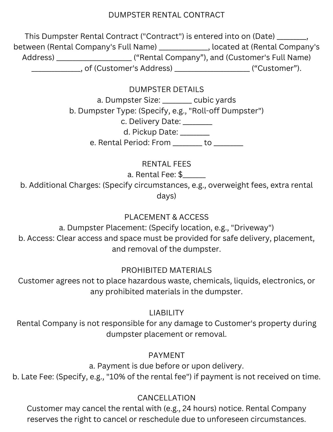Dumpster Rental Contract Template: Digital Download - Etsy