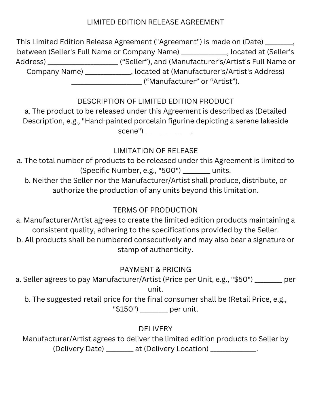 Limited Edition Release Agreement Template Digital Download - Etsy