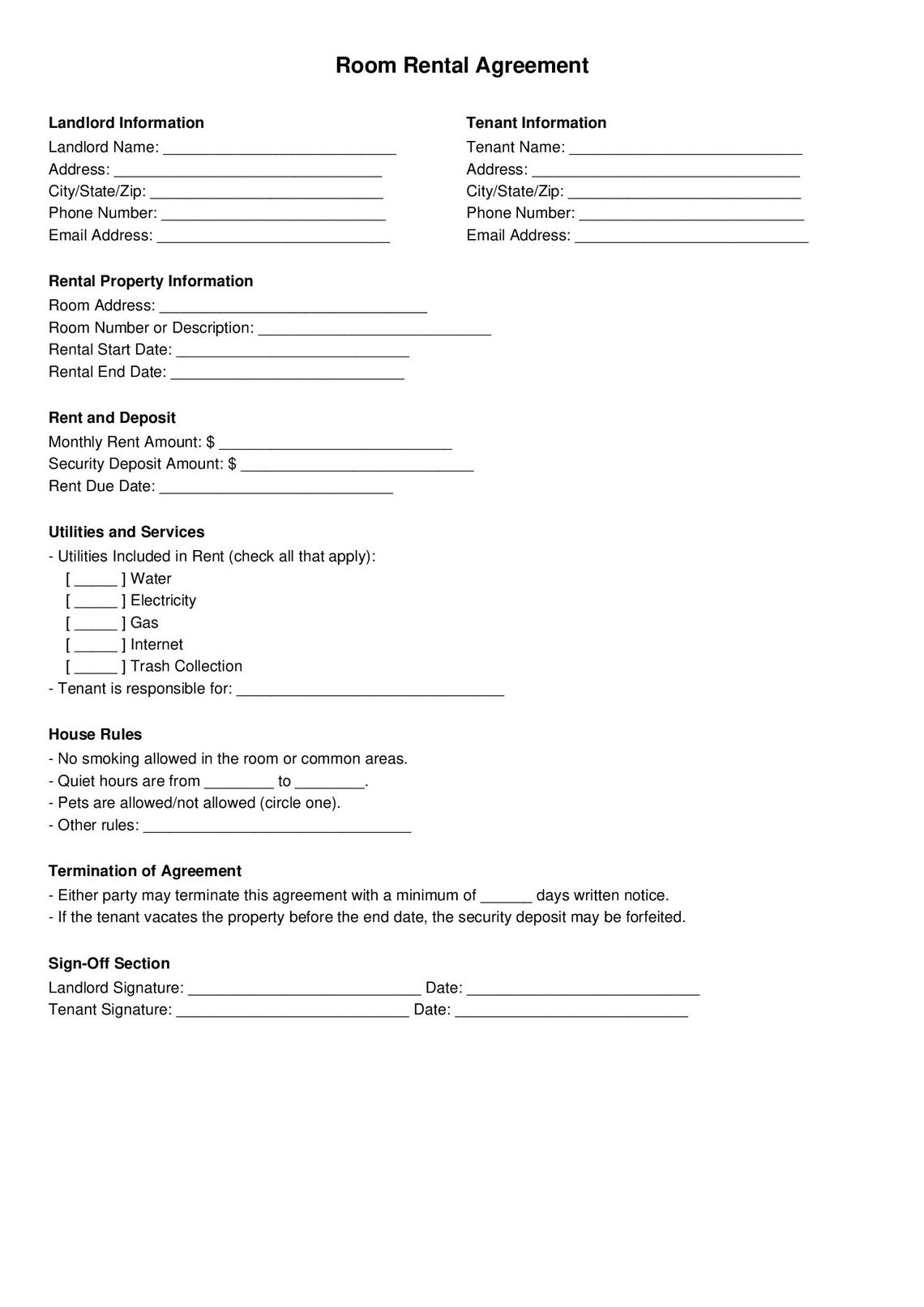 Room Rental Agreement | Room Lease Contract | Editable PDF - Etsy