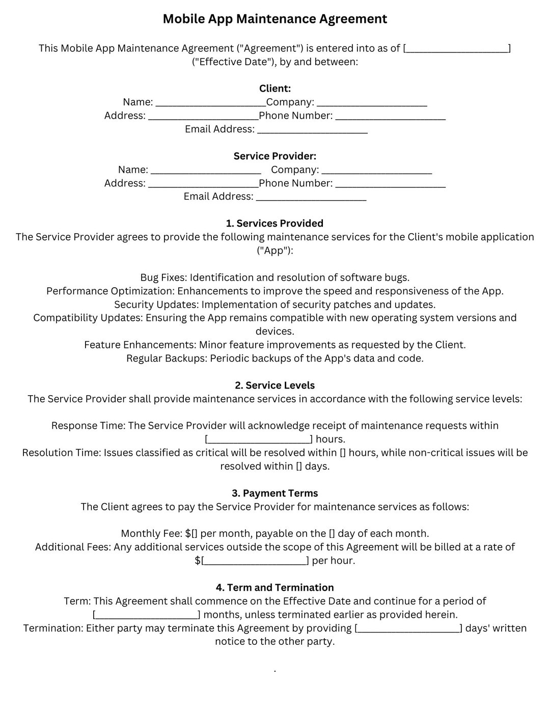 Mobile App Maintenance Agreement-template Pdf - Etsy