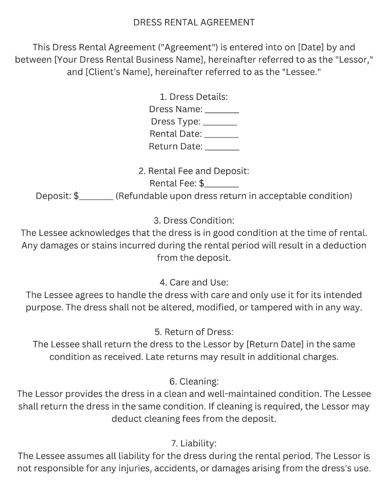 Dress Rental Agreement Template: Digital Download PDF - Etsy