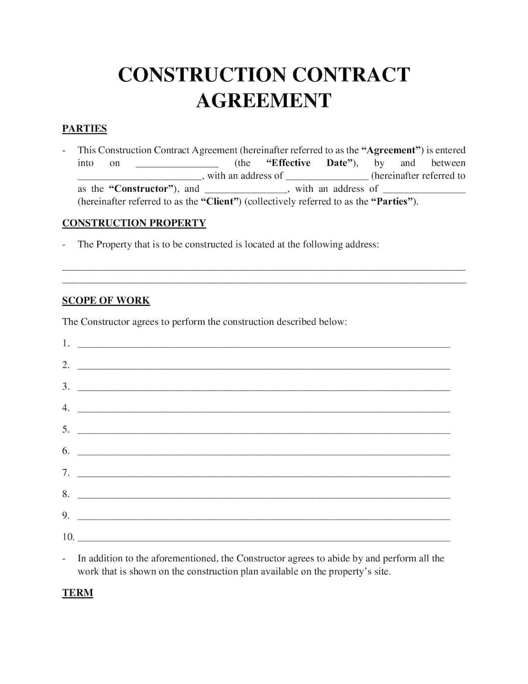 Construction-contract-template - Etsy