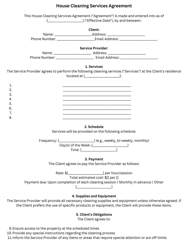 House Cleaning Services Agreement-template PDF - Etsy