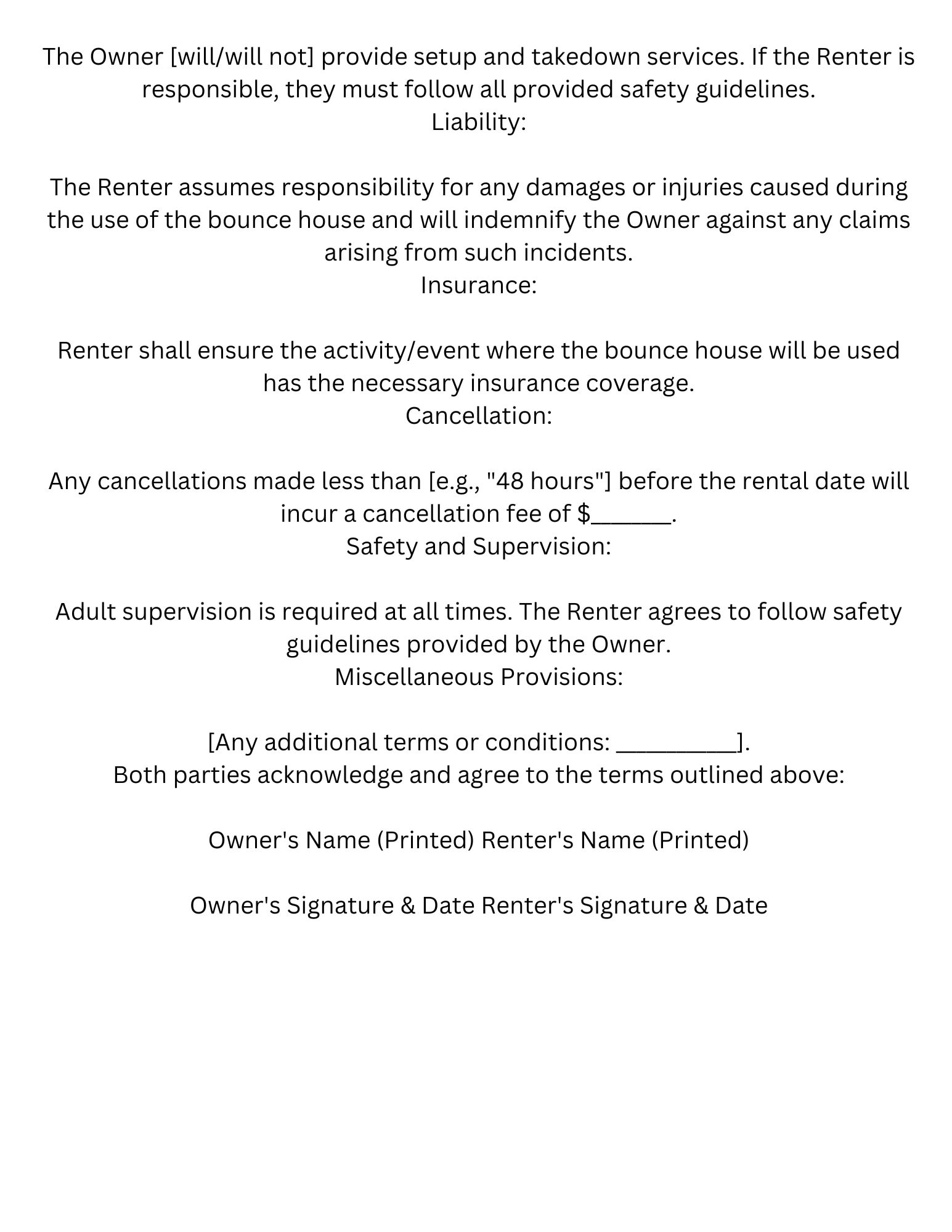 Bounce House Rental Agreement Template-digital Download - Etsy