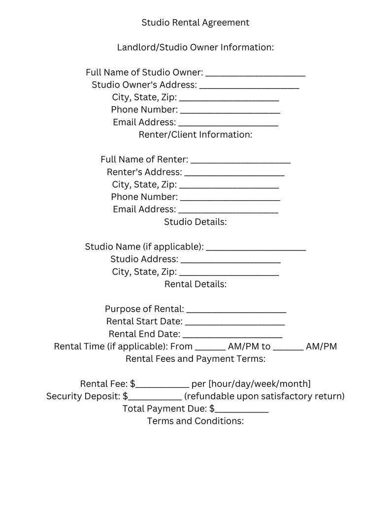 Studio Rental Agreement Form - Professional and Customizable - Etsy