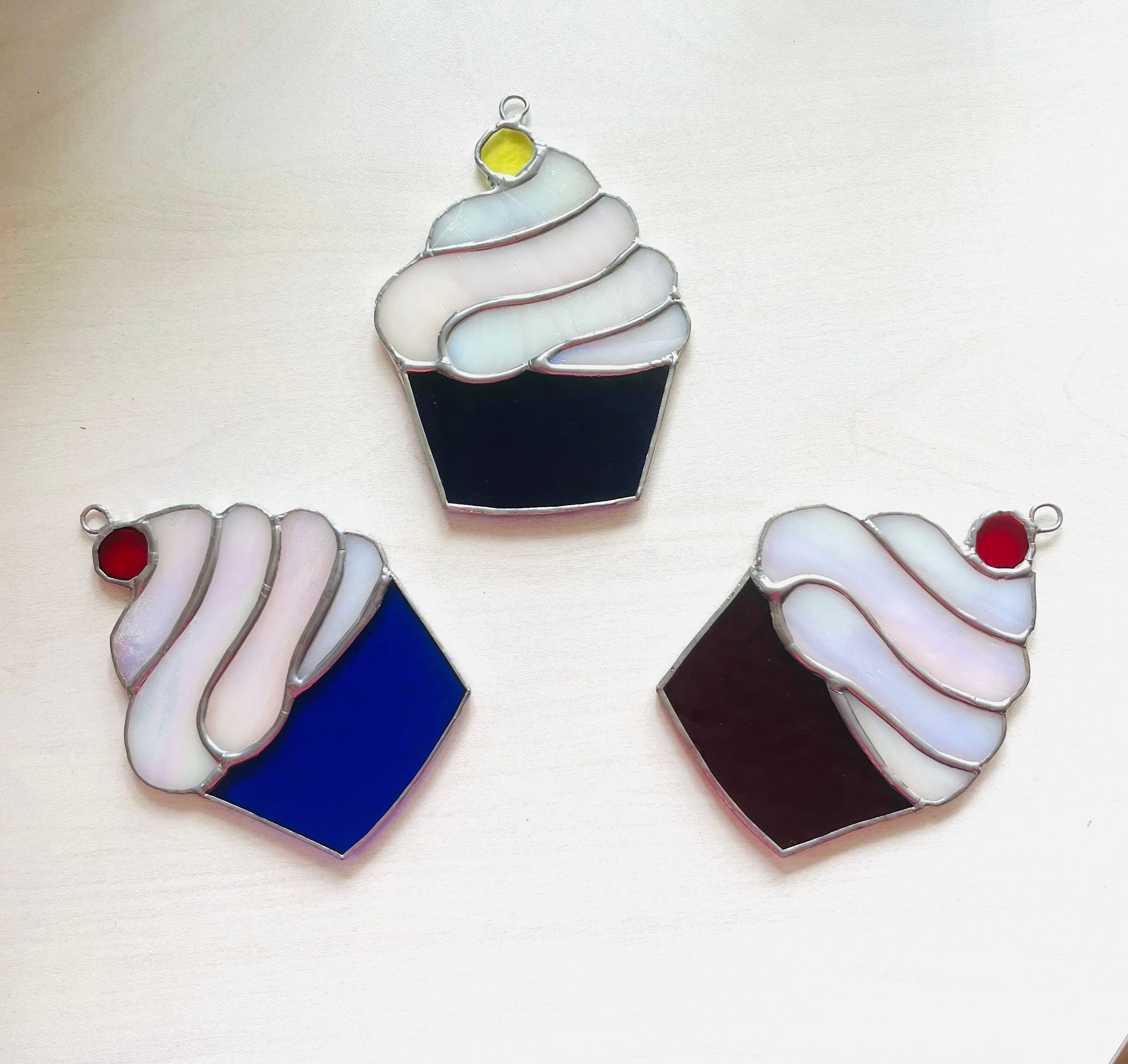 3 X Iridescent Stained Glass Cupcakes Suncatcher, Window Ornament ...