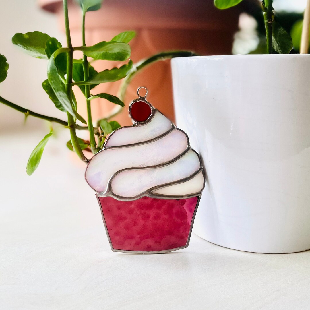 3 X Iridescent Stained Glass Cupcakes Suncatcher, Window Ornament ...