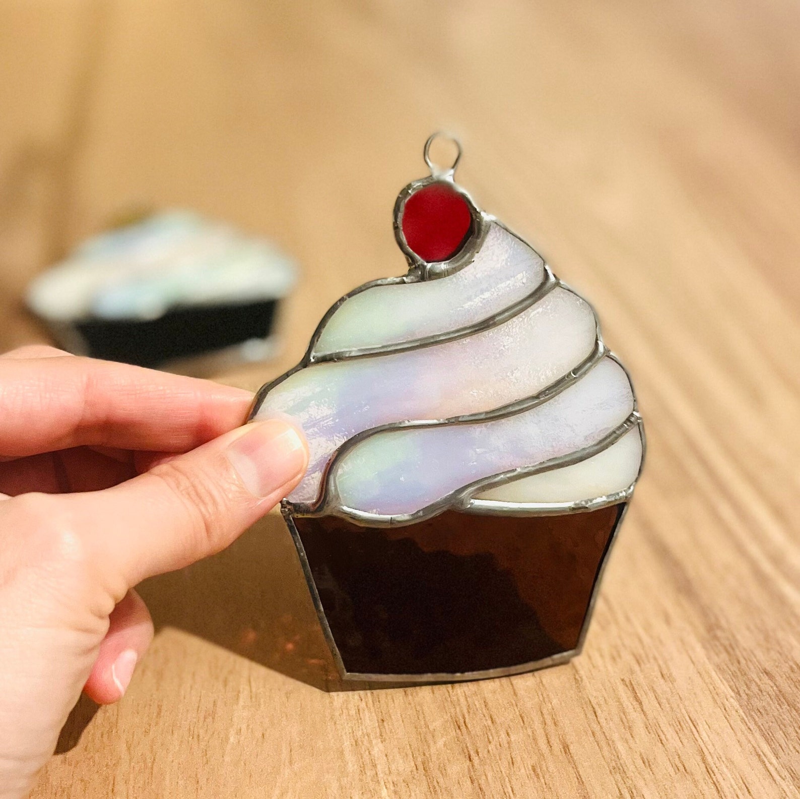 3 X Iridescent Stained Glass Cupcakes Suncatcher, Window Ornament ...