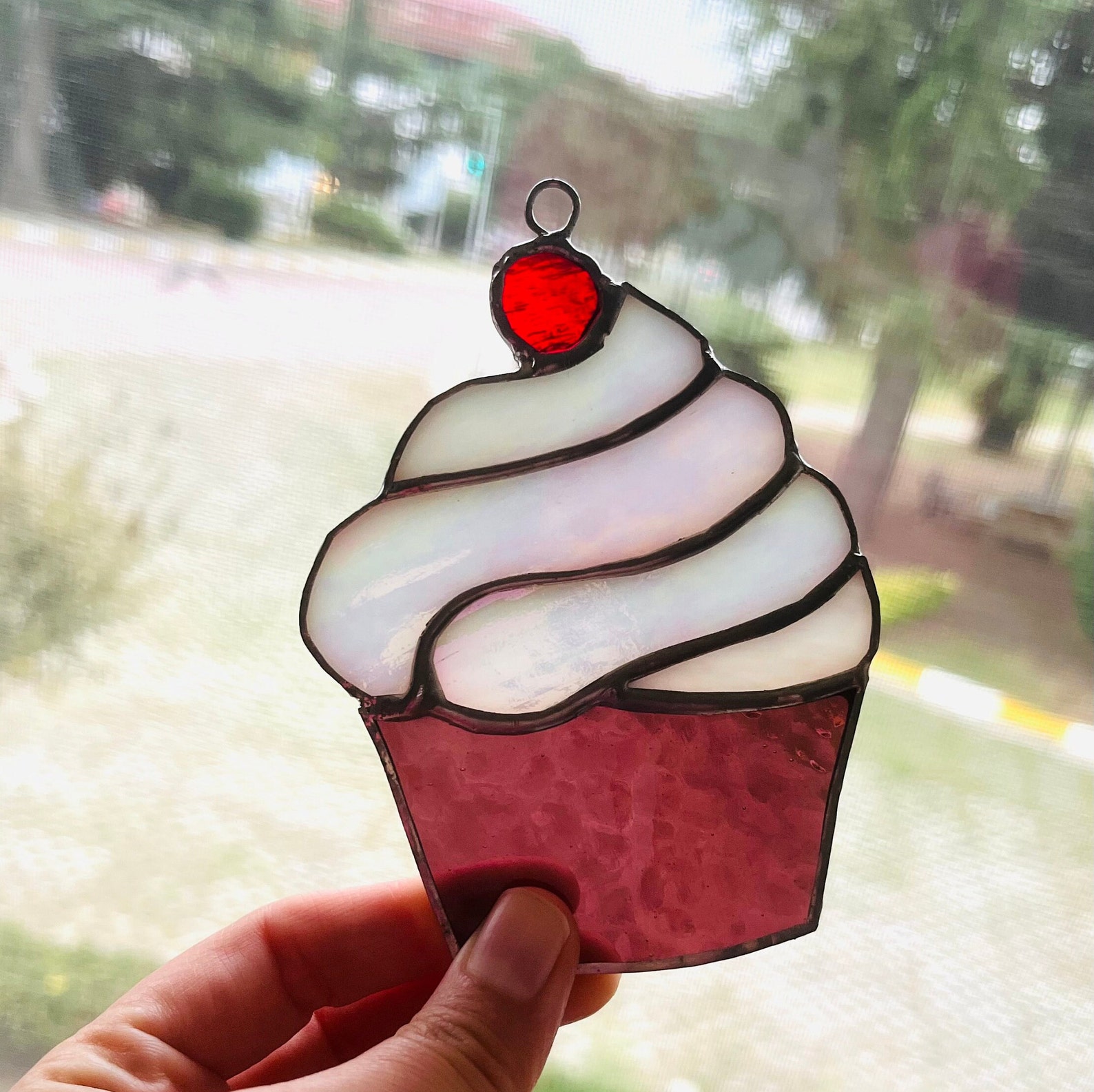 3 X Iridescent Stained Glass Cupcakes Suncatcher, Window Ornament ...
