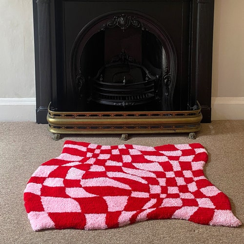 Hand Tufted Pink and Red Checkered Wavy Rug Postmodern - Etsy