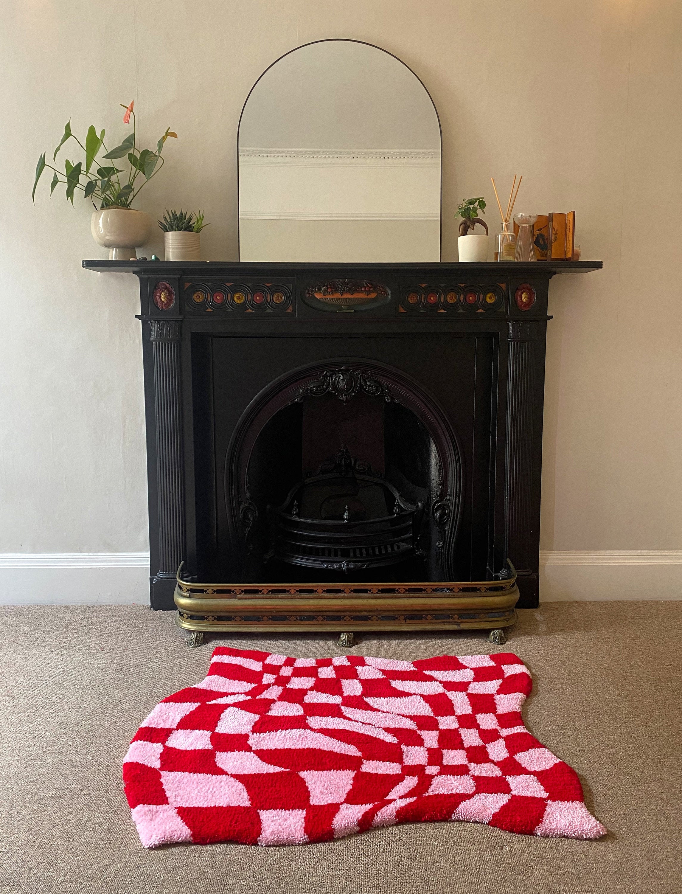 Hand Tufted Pink and Red Checkered Wavy Rug Postmodern - Etsy
