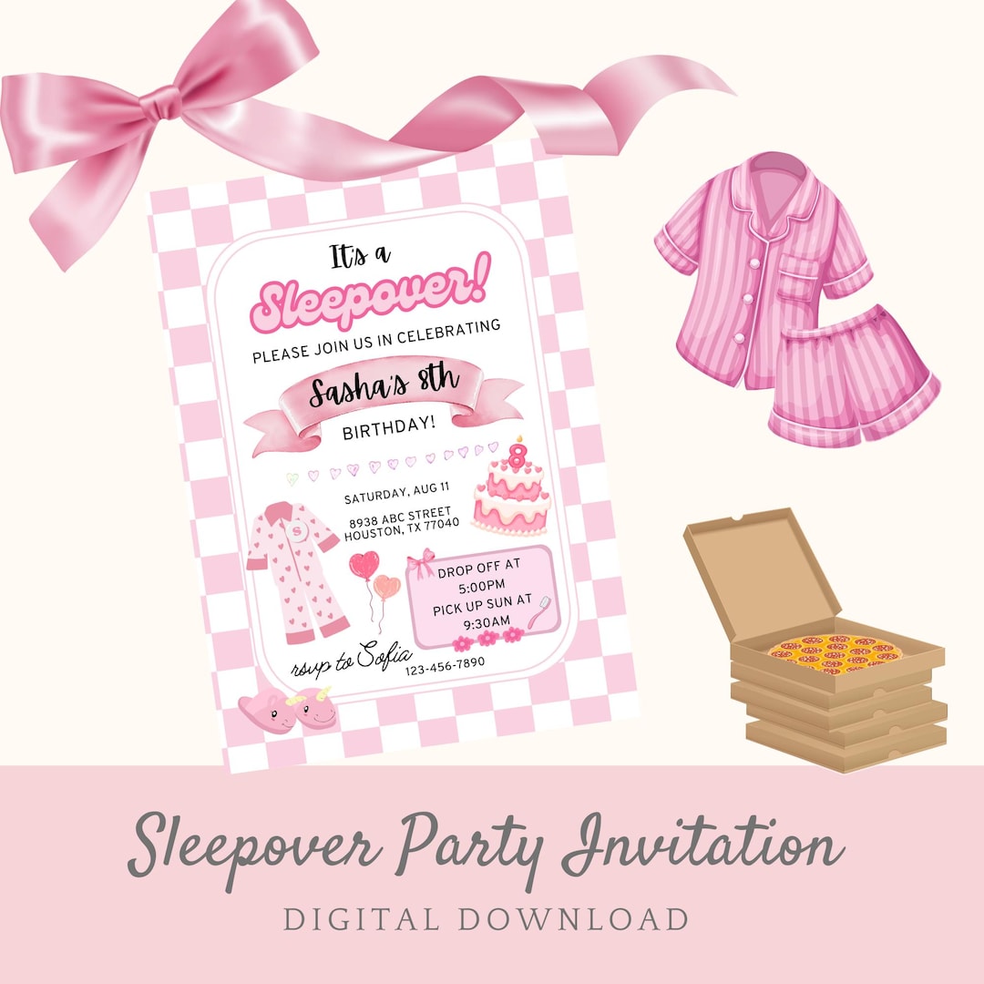 Personalized Pink & Girly Sleepover Invitation – Custom Sleepover Party ...