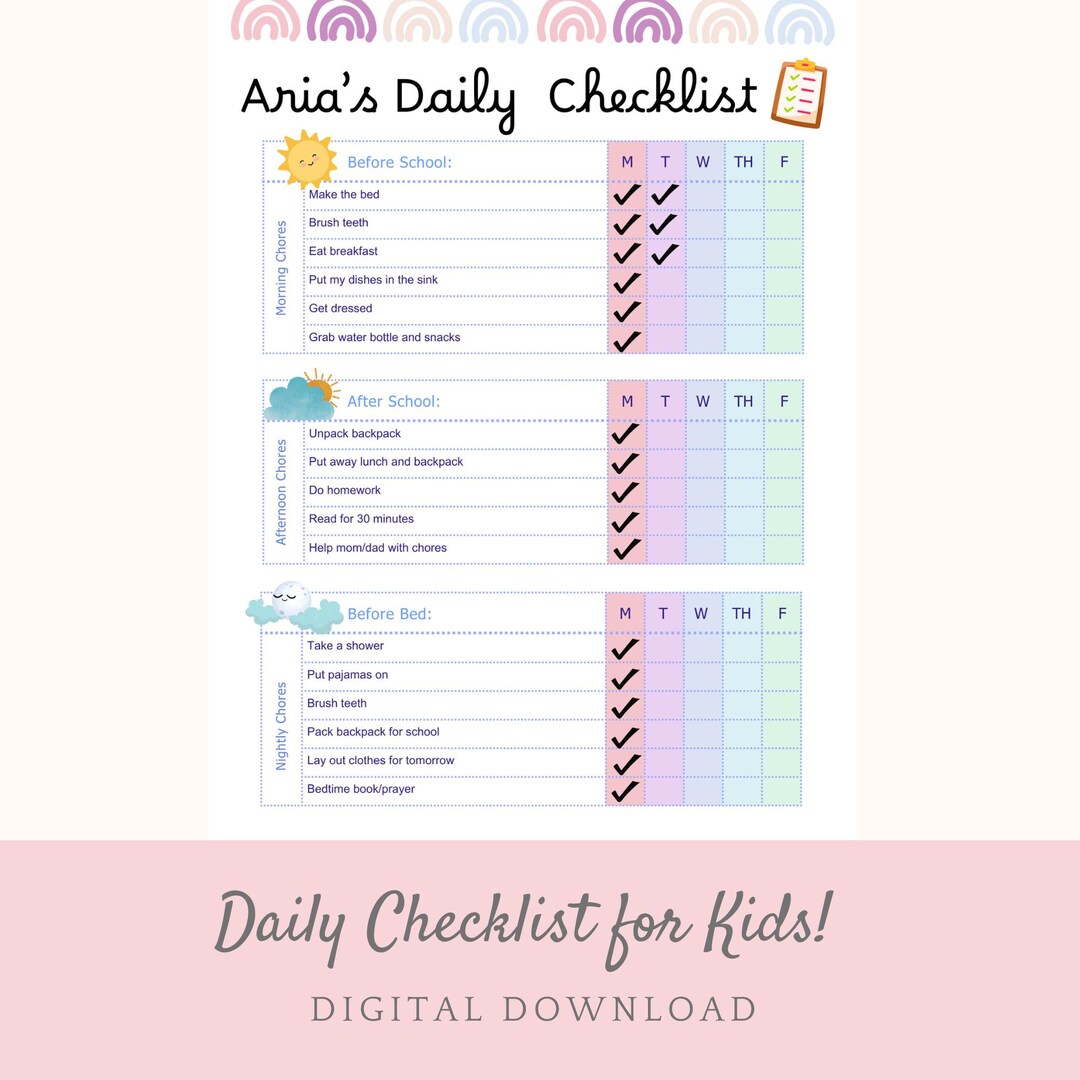 Kids Daily School Checklist Schedule Printable, Editable Chore Chart ...