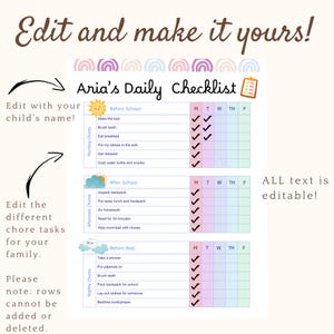 Kids Daily School Checklist Schedule Printable, Editable Chore Chart ...