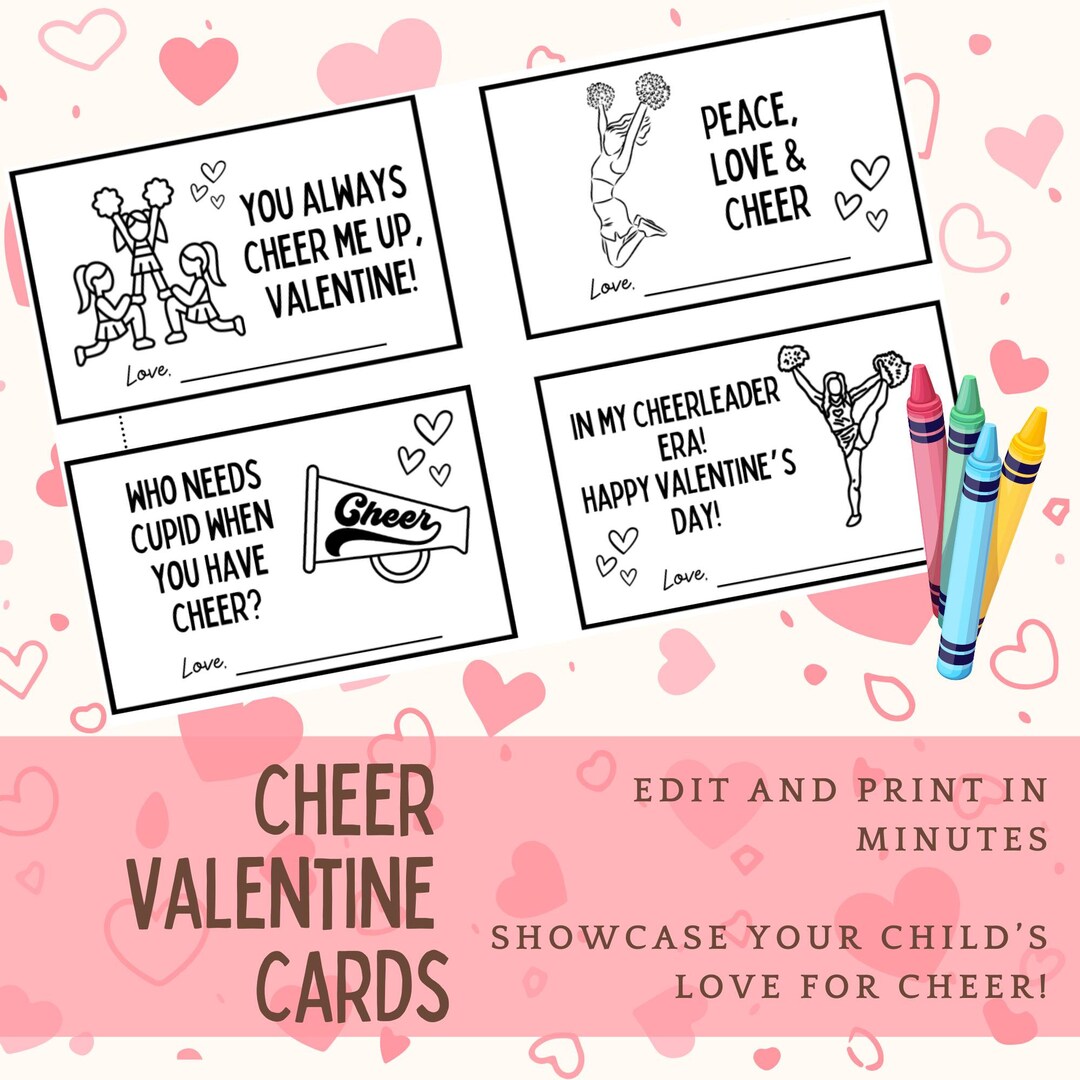 Cheerleader Valentine's Day Cards – Instant Download – Color Your Own ...