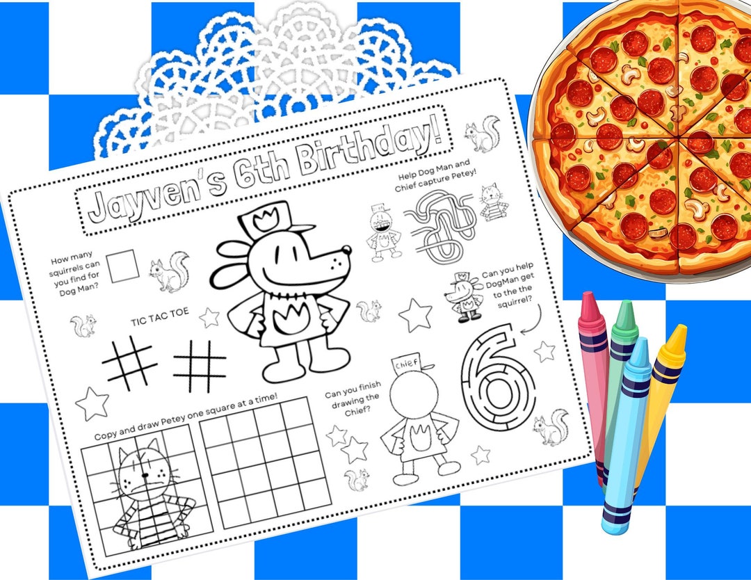 Printable Dog Man Birthday Coloring Placemat | Personalized Dog Man ...