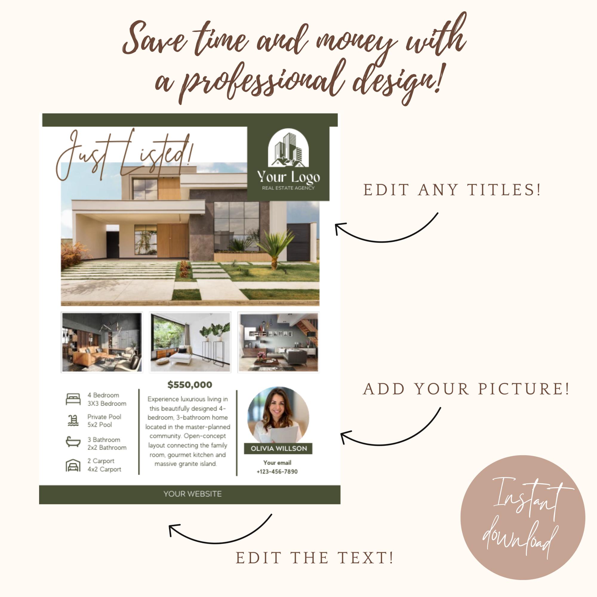 Just Listed Flyer Template Real Estate | Open House Realtor Flyer ...