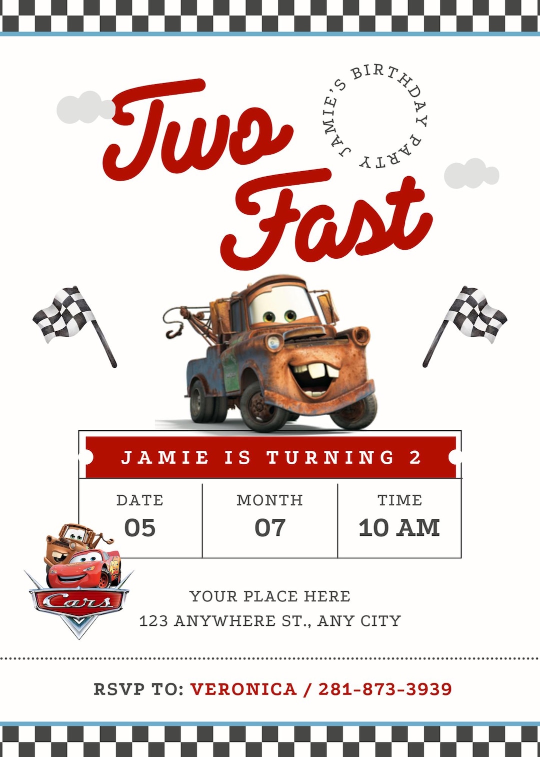 Printable Tow Mater Birthday JPG Invitation Personalized Cars Movie ...