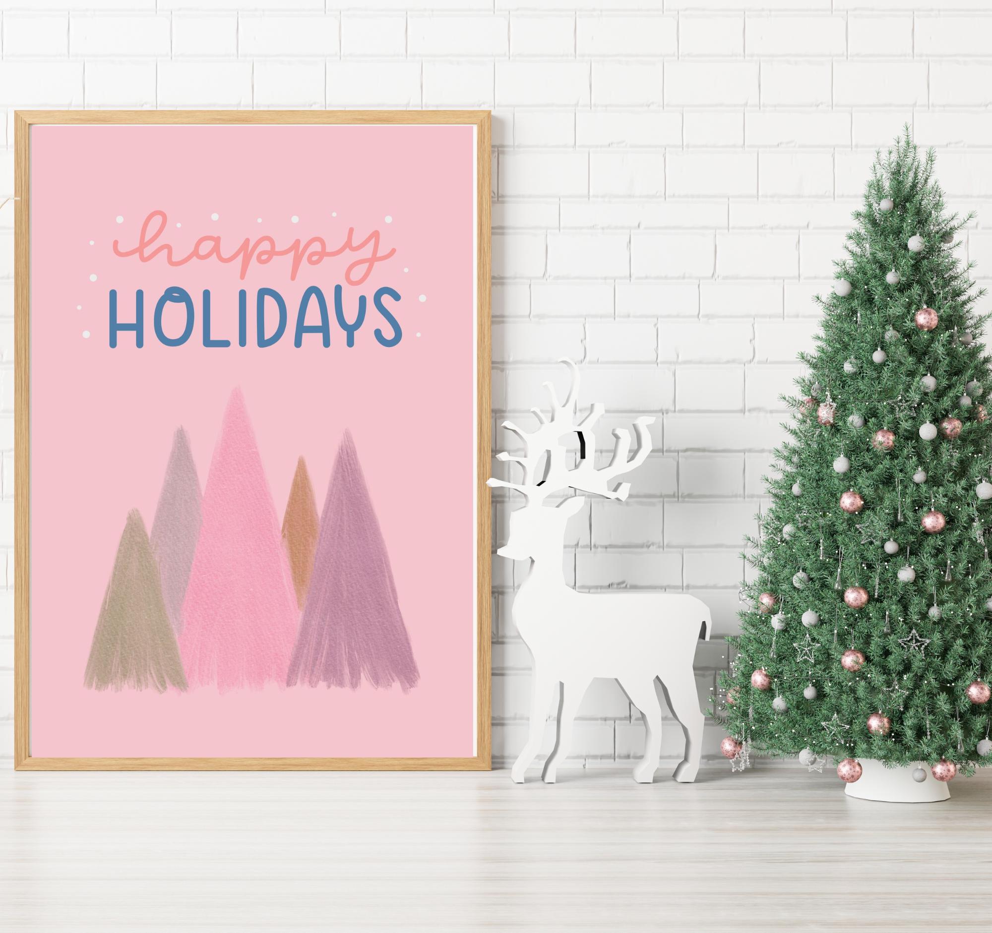 Set of 16 Pink Christmas Print Set, Winter Holiday Wall Art Bundle ...