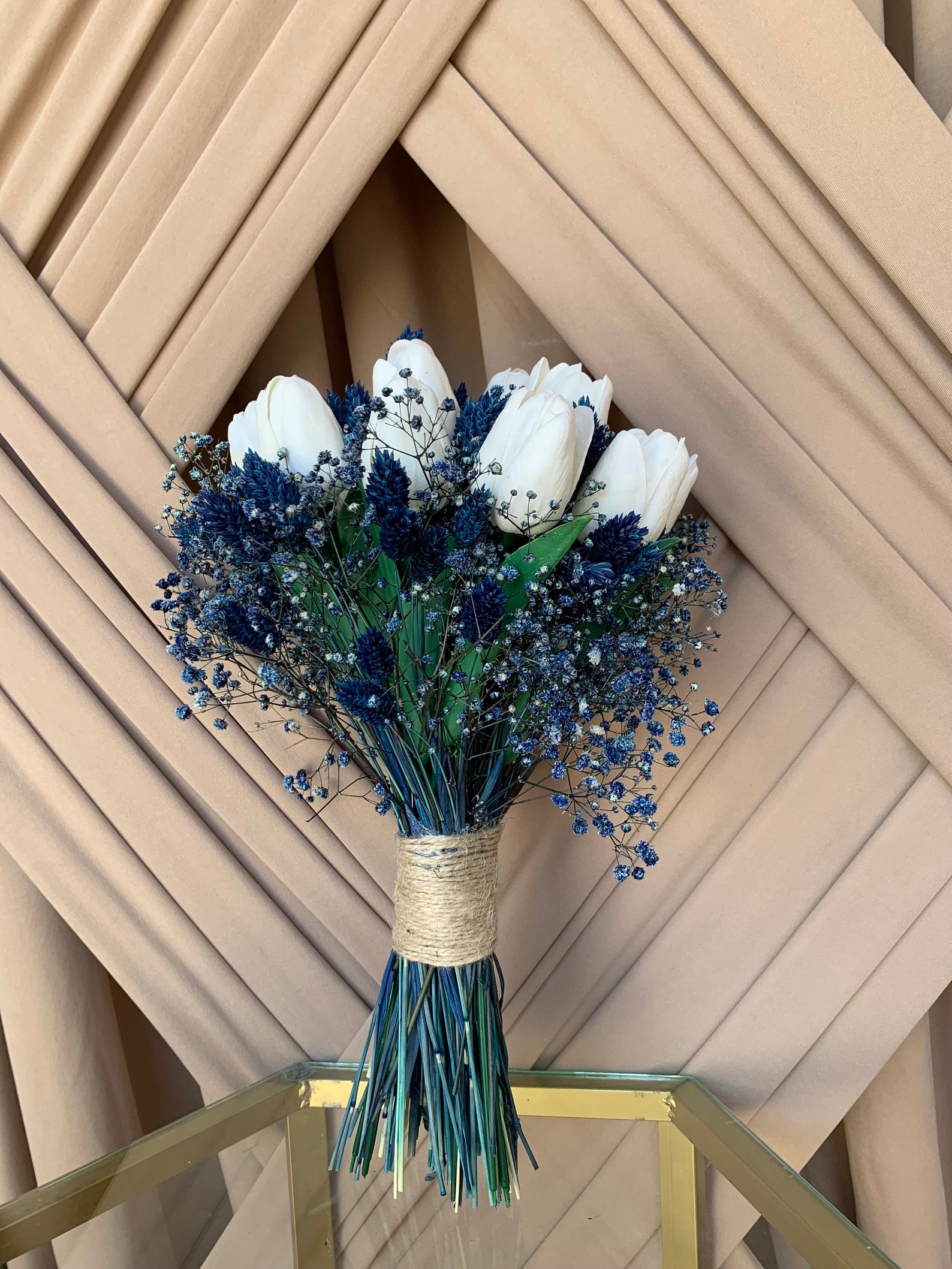 Navy Blue & White Tulip Bridal Bouquet: Rustic Dried Flower Wedding Set ...