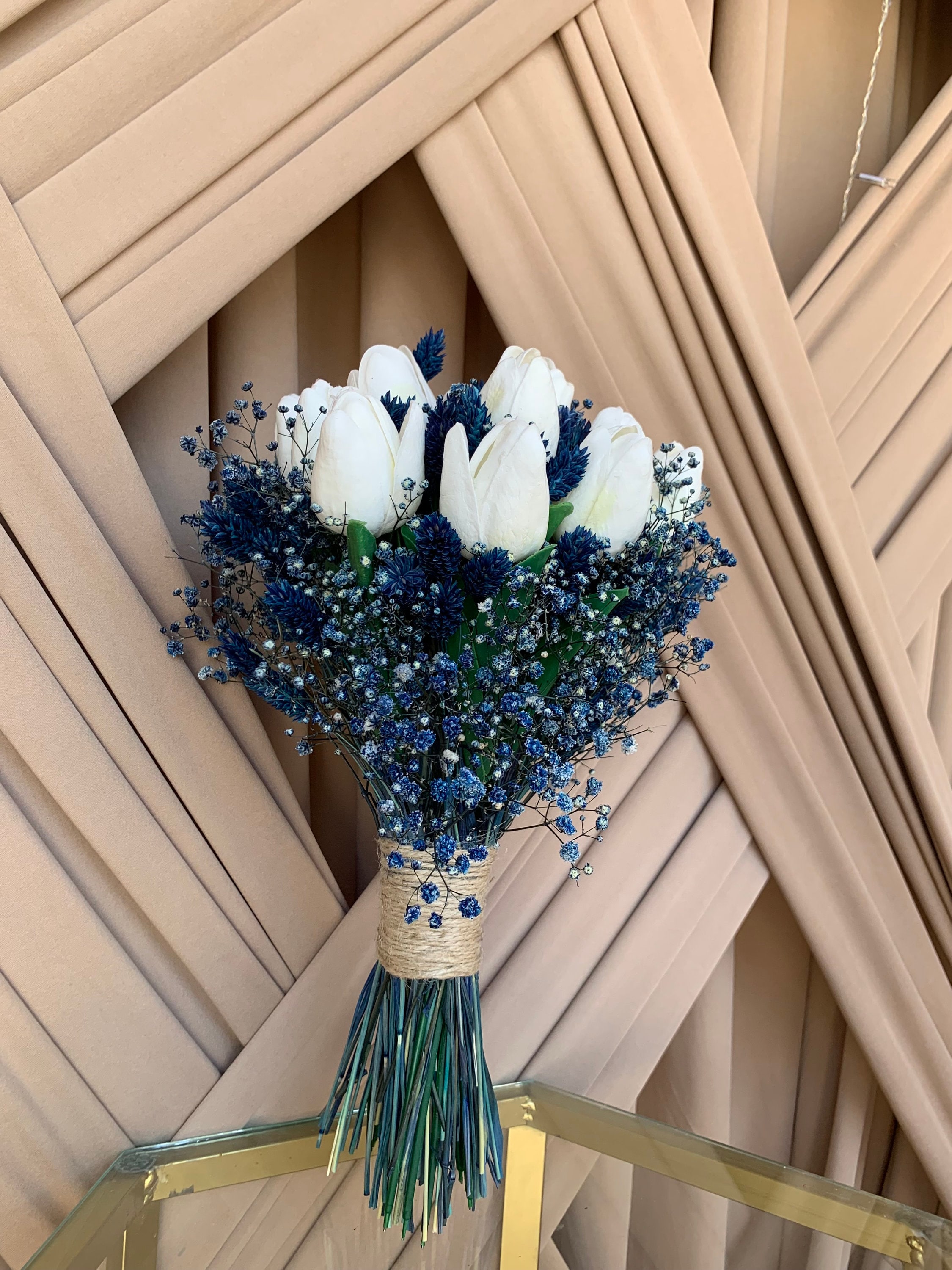 Navy Blue & White Tulip Bridal Bouquet: Rustic Dried Flower Wedding Set ...