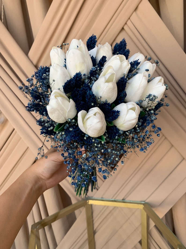 Navy Blue & White Tulip Bridal Bouquet: Rustic Dried Flower Wedding Set ...