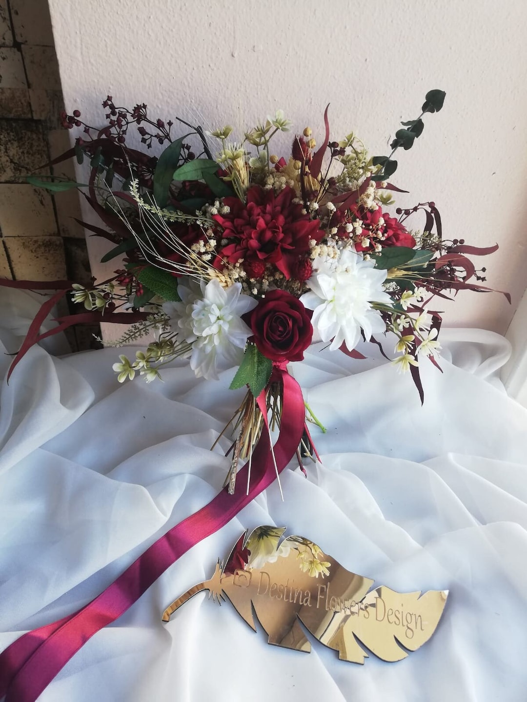 Maroon Wedding Bouquet, Bridal Bouquet, Dusty White Maroon Bridal ...