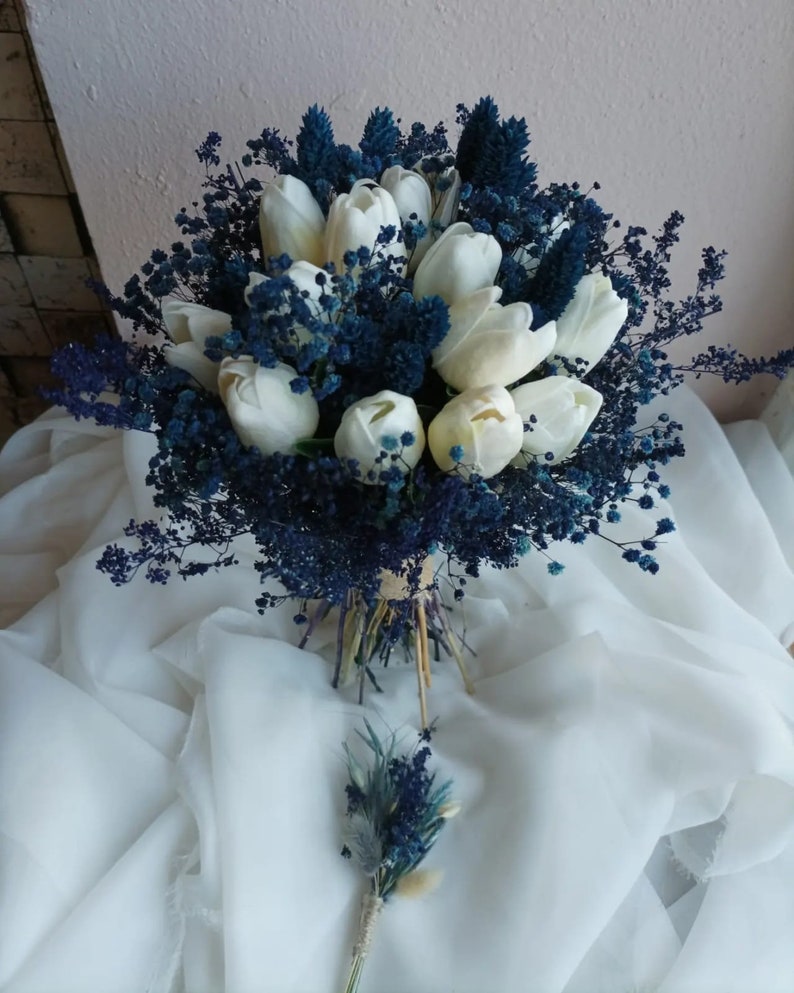 Navy Blue & White Tulip Bridal Bouquet: Rustic Dried Flower Wedding Set ...