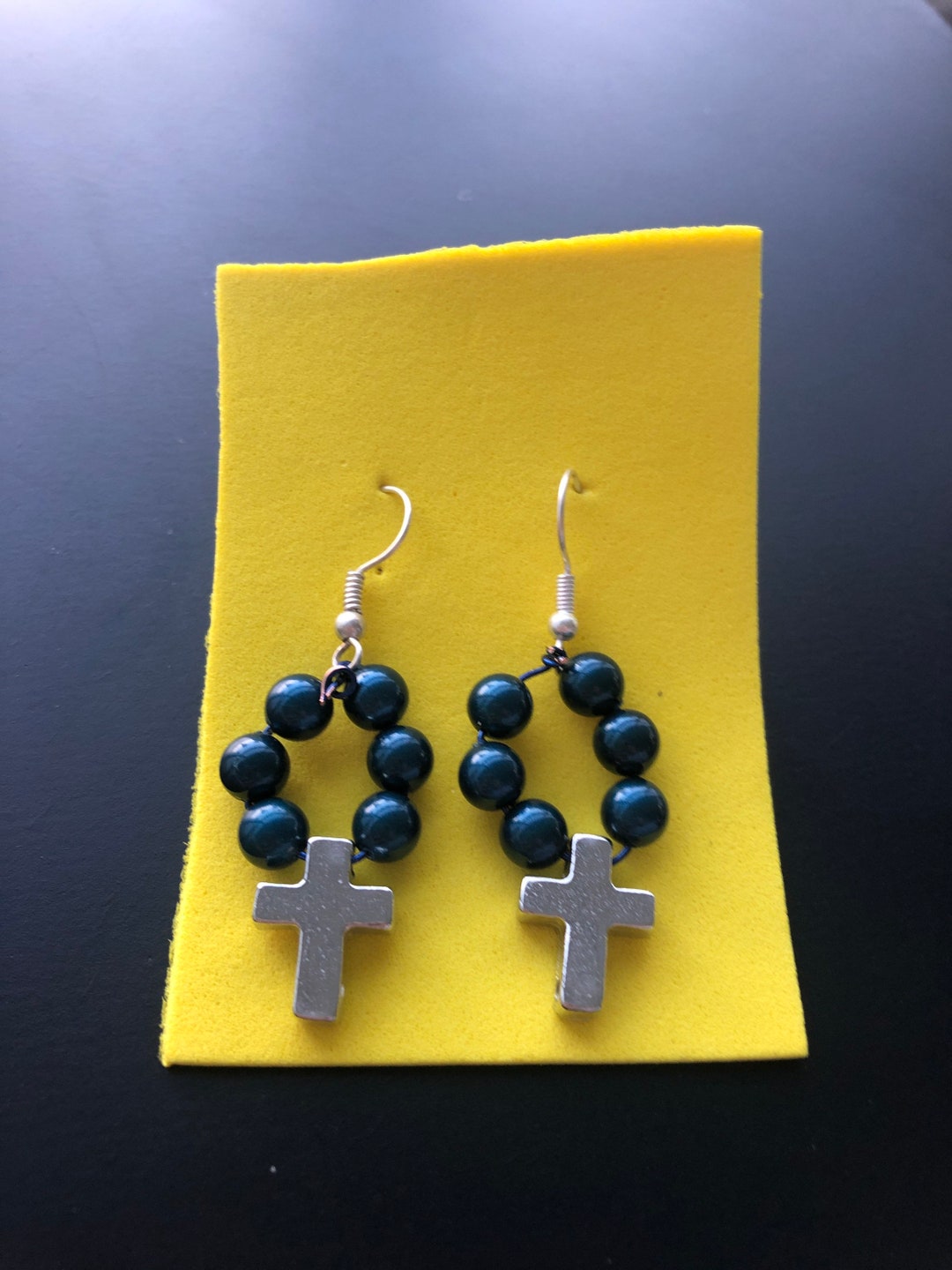 Cross Earings With Blue Beads - Etsy
