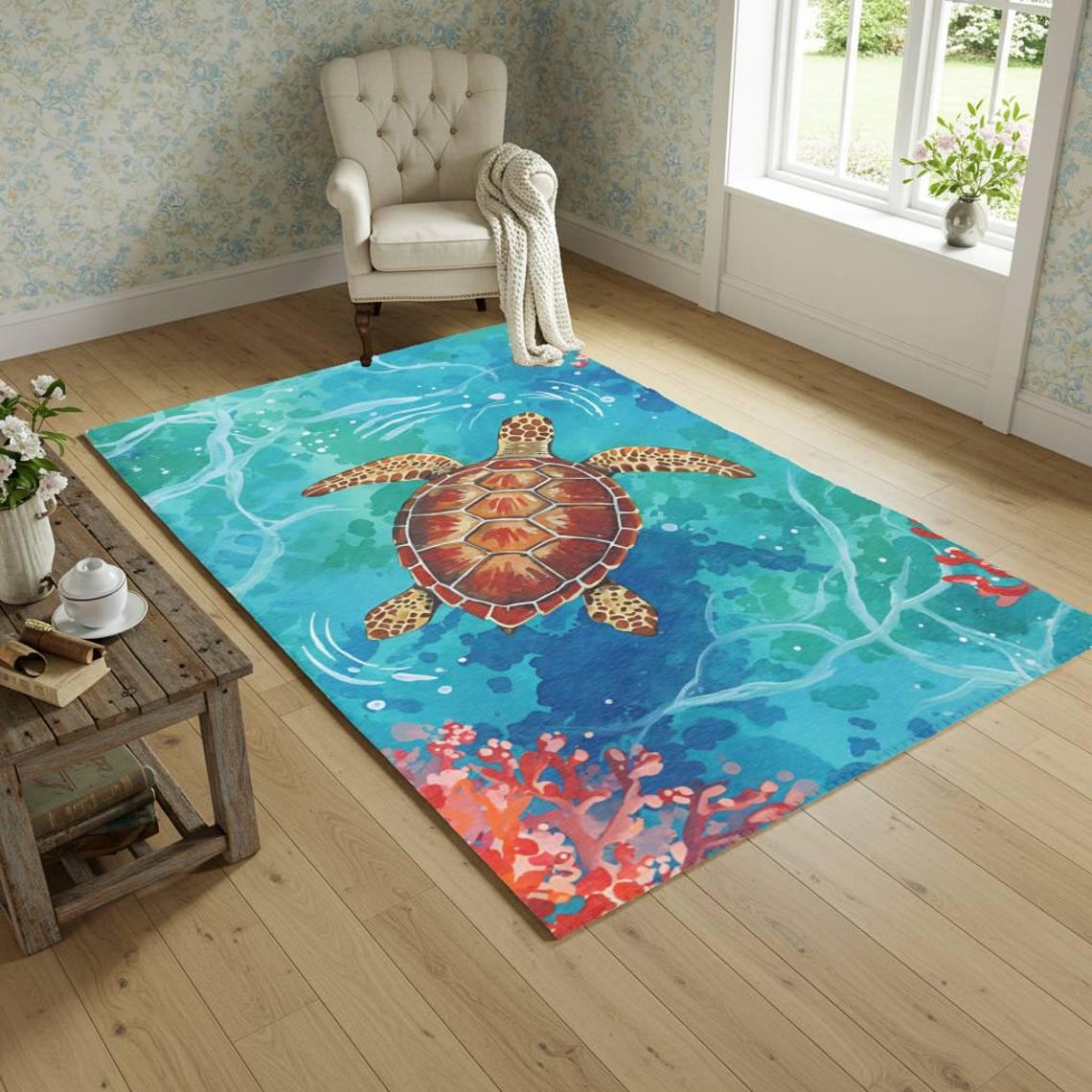 Sea Turtle Rug Ocean Lovers Accent Rug Beach Decor Nautical Home Decor ...