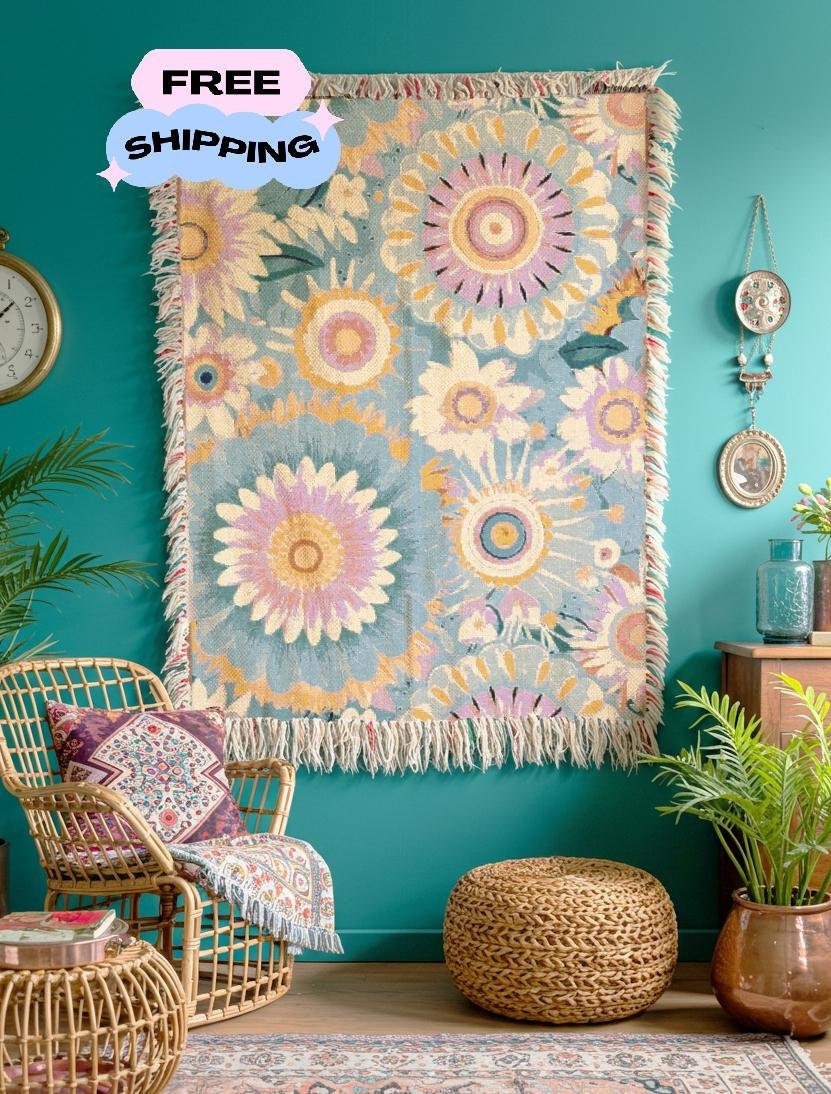Boho Blanket Whimsical Colorful Throw Cute Botanical Tapestry Eclectic ...