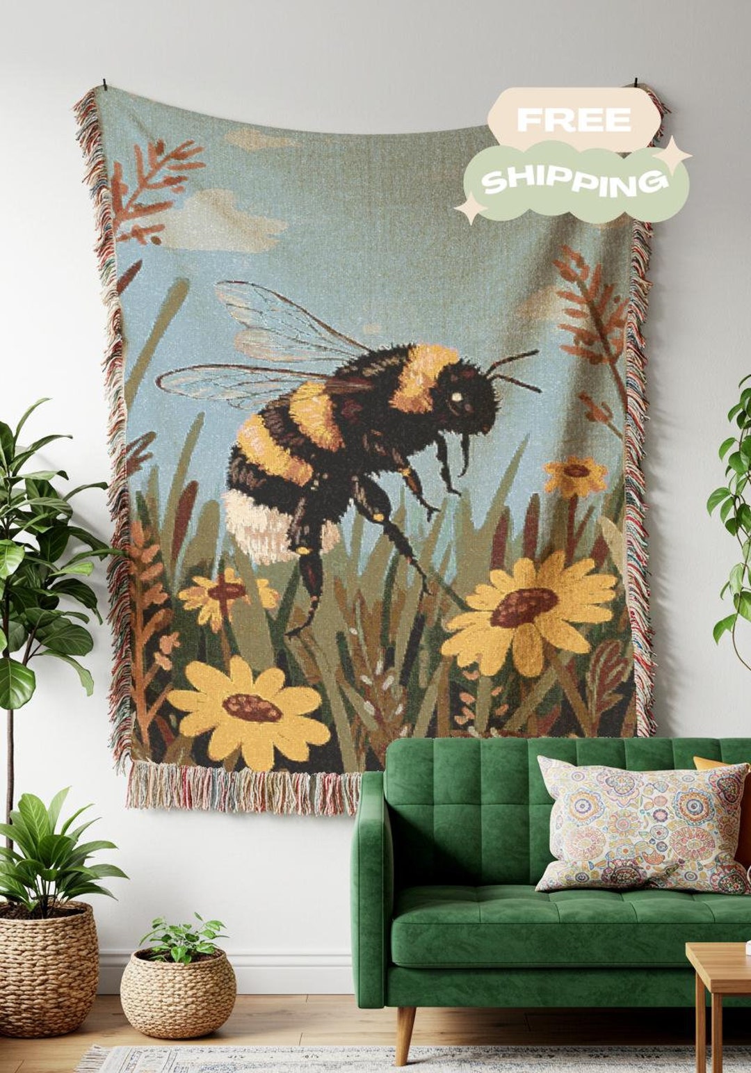 Bumblebee Blanket Bee Woven Tapestry Throw Nature Lover Gift Boho ...