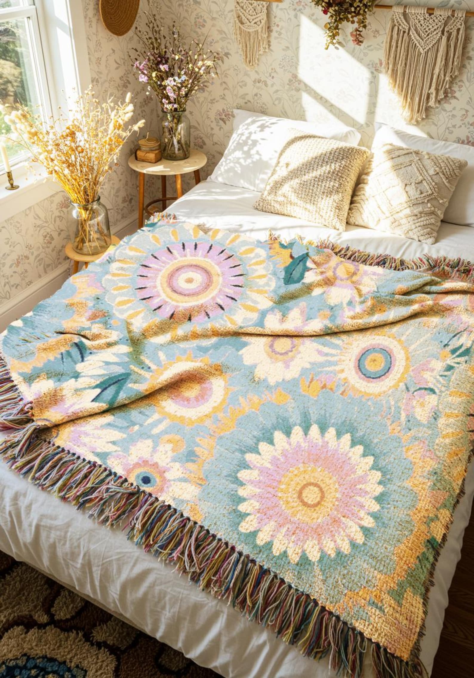 Boho Blanket Whimsical Colorful Throw Cute Botanical Tapestry Eclectic ...