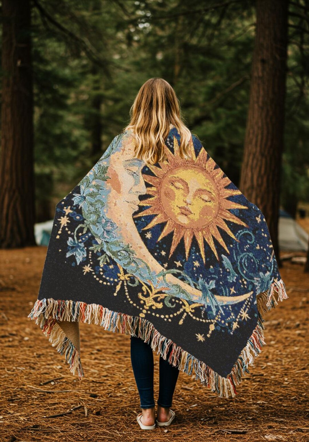 Celestial Whimsigoth Boho Woven Blanket Sun Moon Tapestry Witchy Home ...