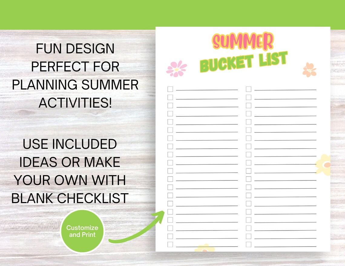 Summer Bucket List Printable | Summer to Do List | Size 8.5x11 | Summer ...