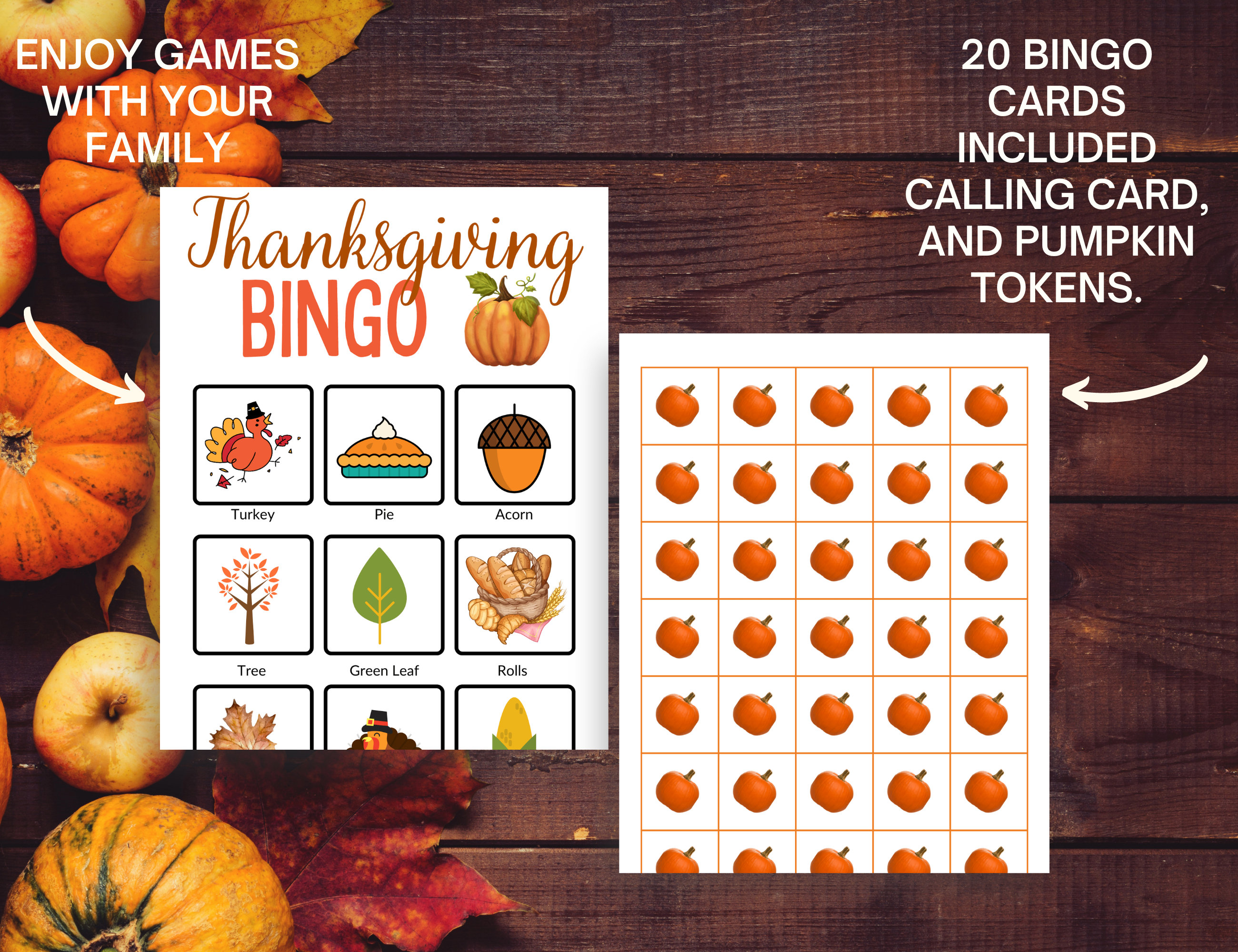 20 THANKSGIVING Bingo Cards, Printable THANKSGIVING Bingo, Family Party ...