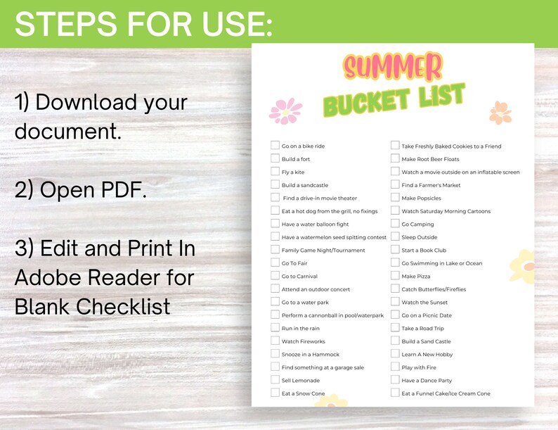 Summer Bucket List Printable | Summer to Do List | Size 8.5x11 | Summer ...