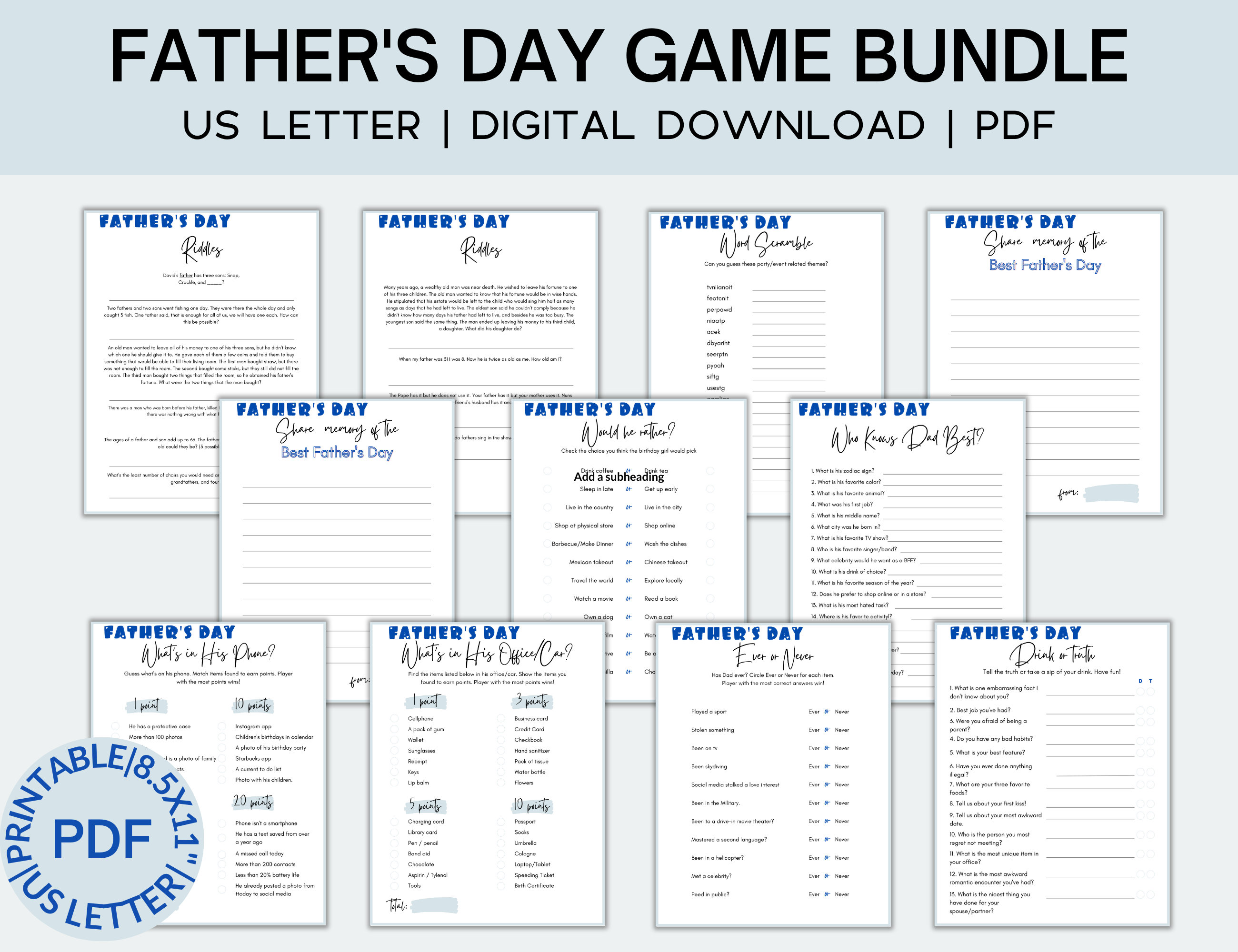 FATHER'S DAY Game/activity Bundle, Father's Day Printable Games, Father ...