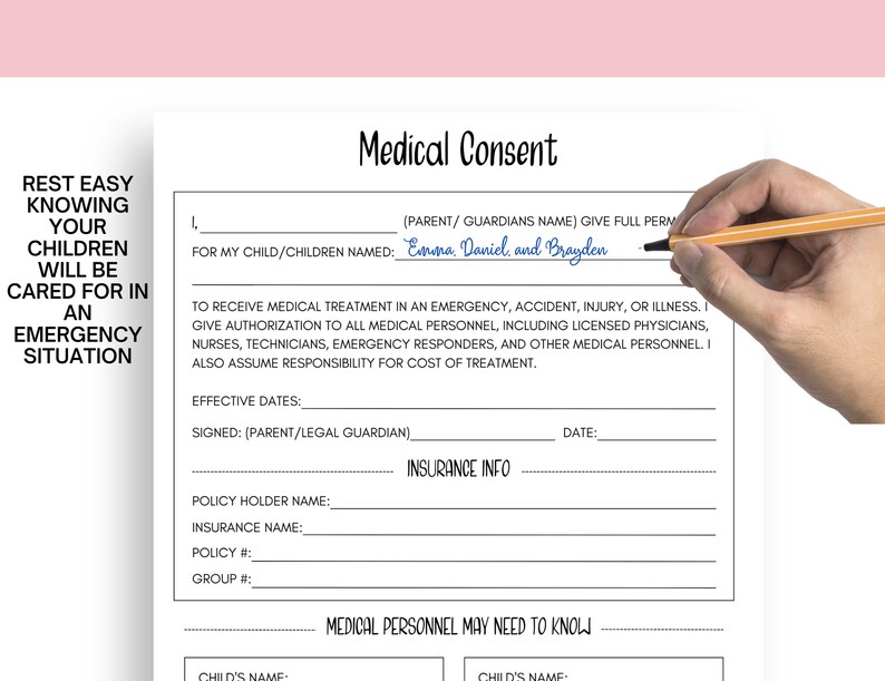 Caregiver Child Medical Consent Form, in Case of Emergency Medical Form ...