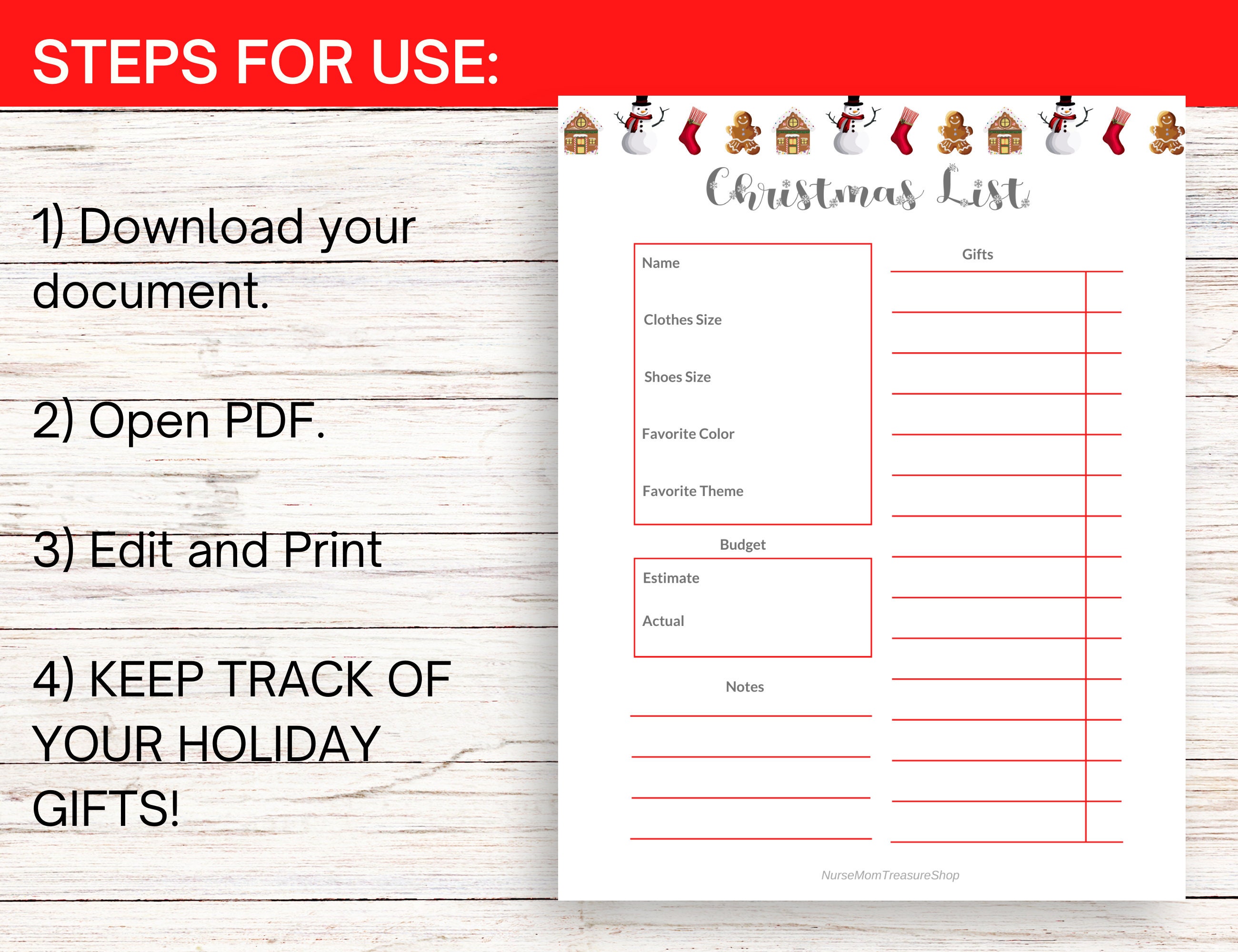 Christmas Gift List Printable | Fillable | Editable PDF | Christmas ...