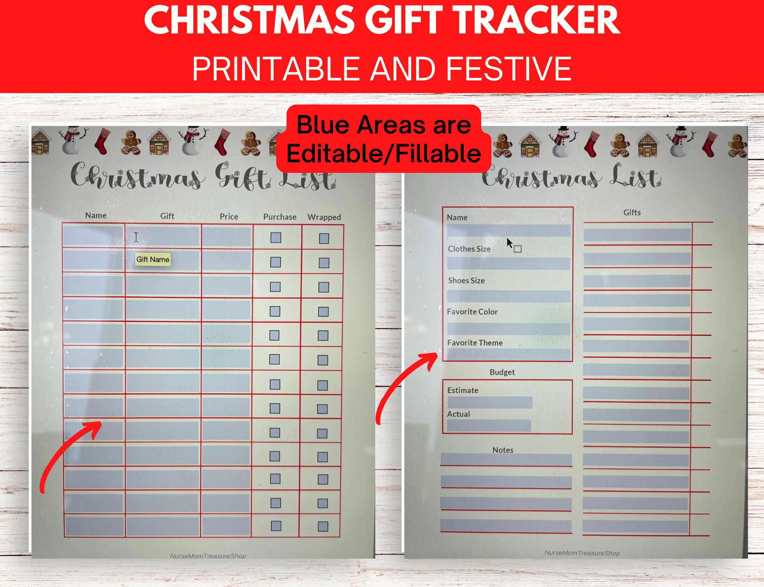 Christmas Gift List Printable | Fillable | Editable PDF | Christmas ...