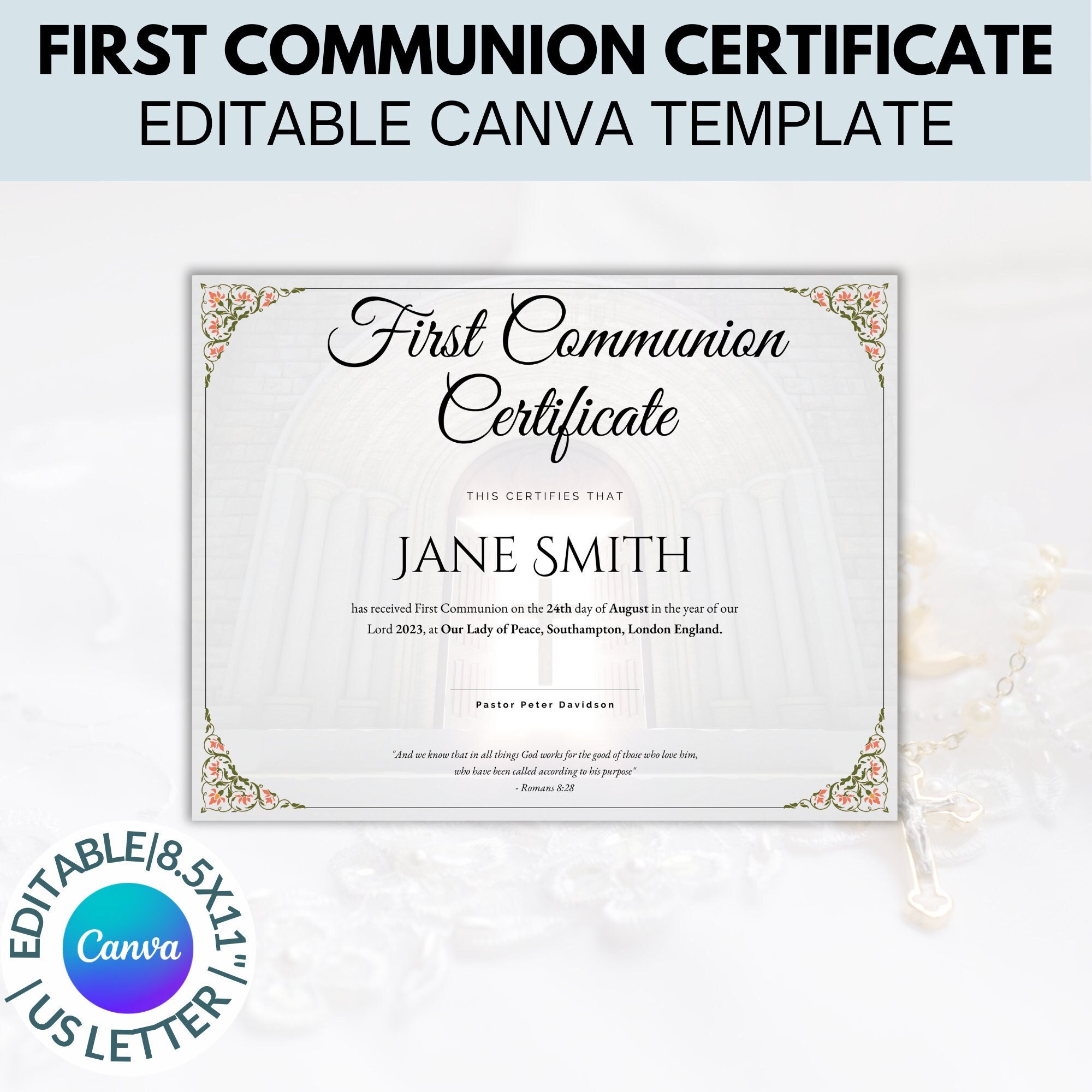 First Communion Certificate | Editable Baptism Certificate Template ...