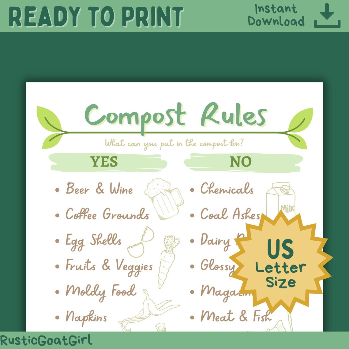 Compost Bin Rules Sign | Zero Waste Kitchen | Printable Download - Etsy