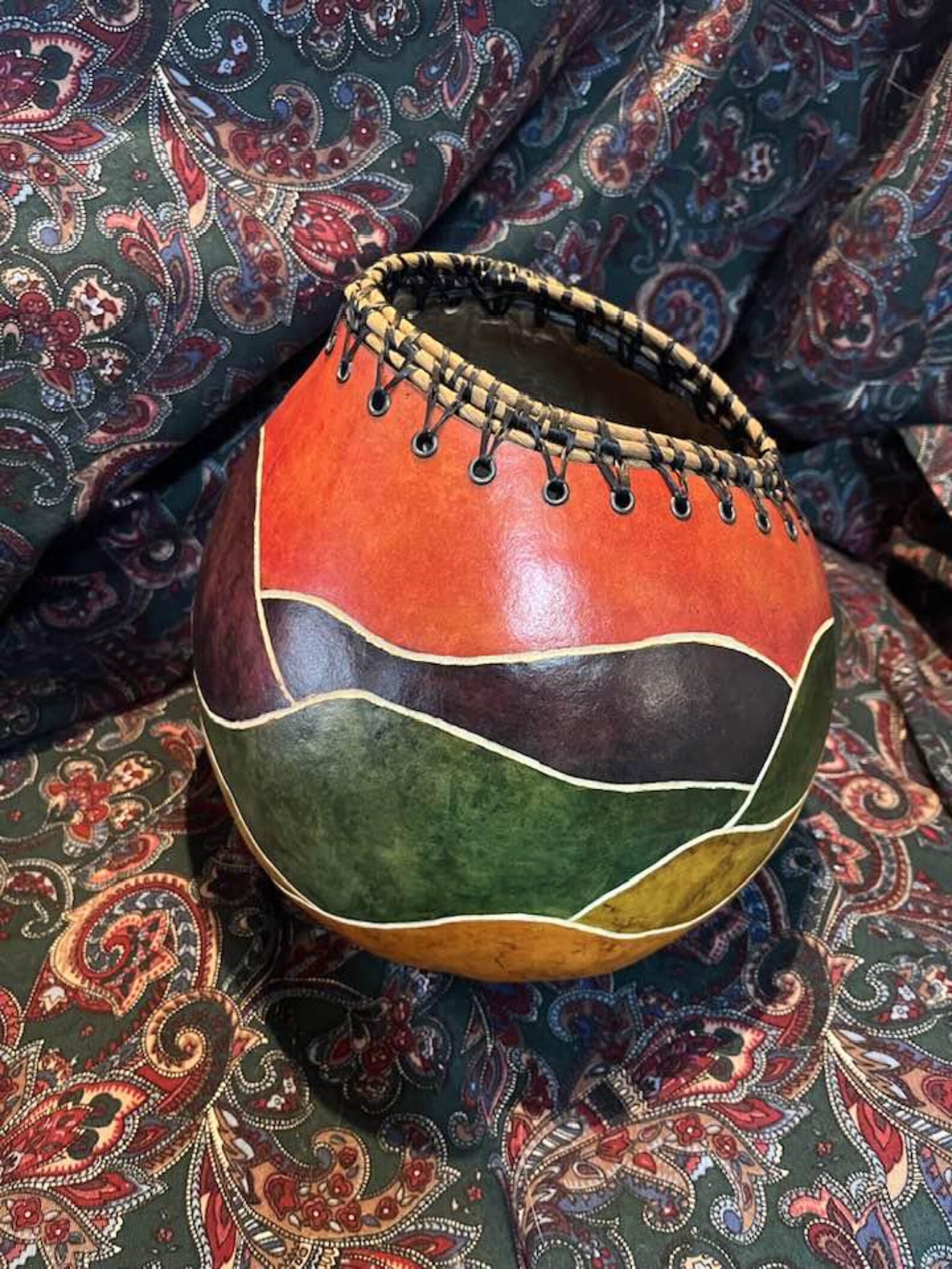 Handcrafted Gourd Container With Hand-stitching - Etsy
