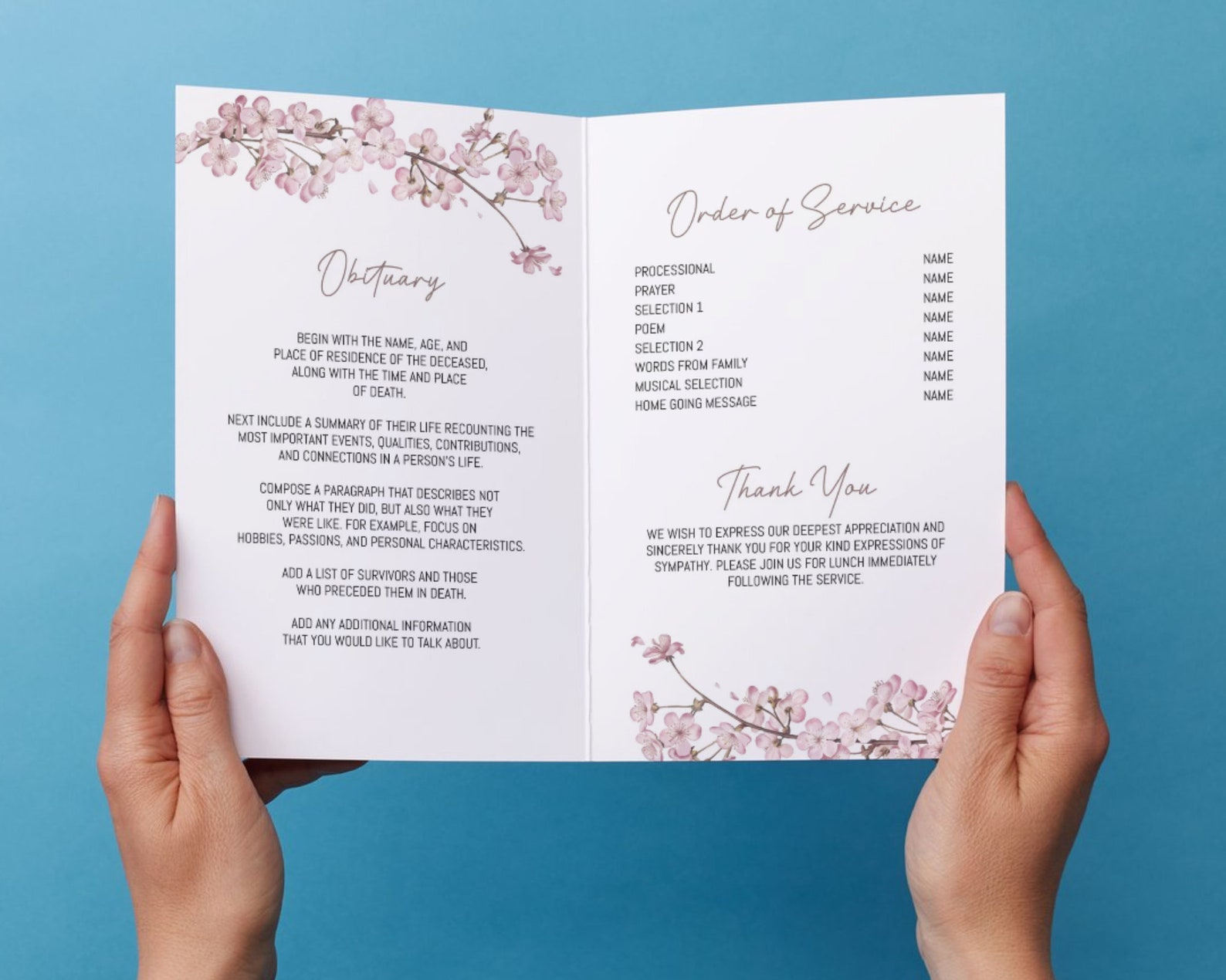 Cherry Blossom Funeral Program Template, Pink Flowers Funeral Program ...