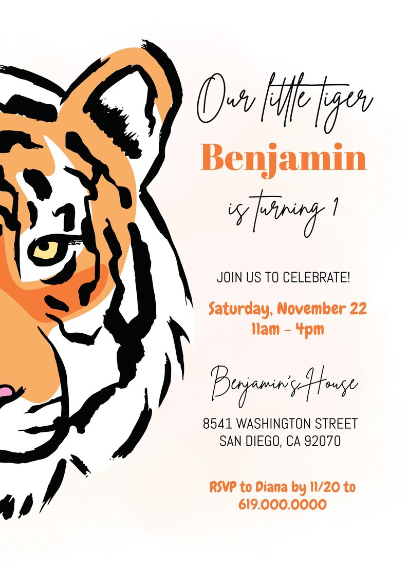 Little Tiger Birthday Invitation, Tiger Theme Birthday Invitation ...