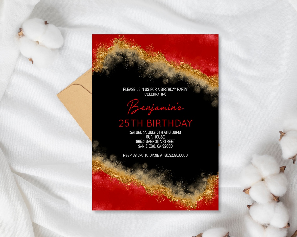 Editable Red, Gold, & Black Birthday Invitations/any Age/luxury Red ...