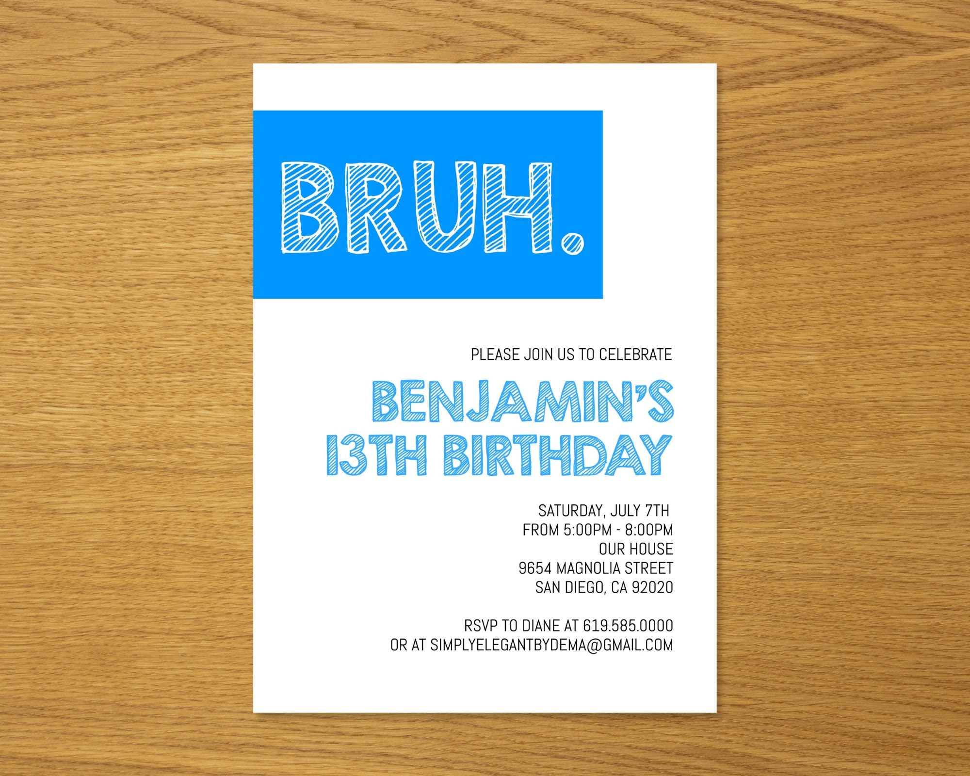 Blue Birthday Party Invitation Template, Any Age, Instant Download Bruh ...