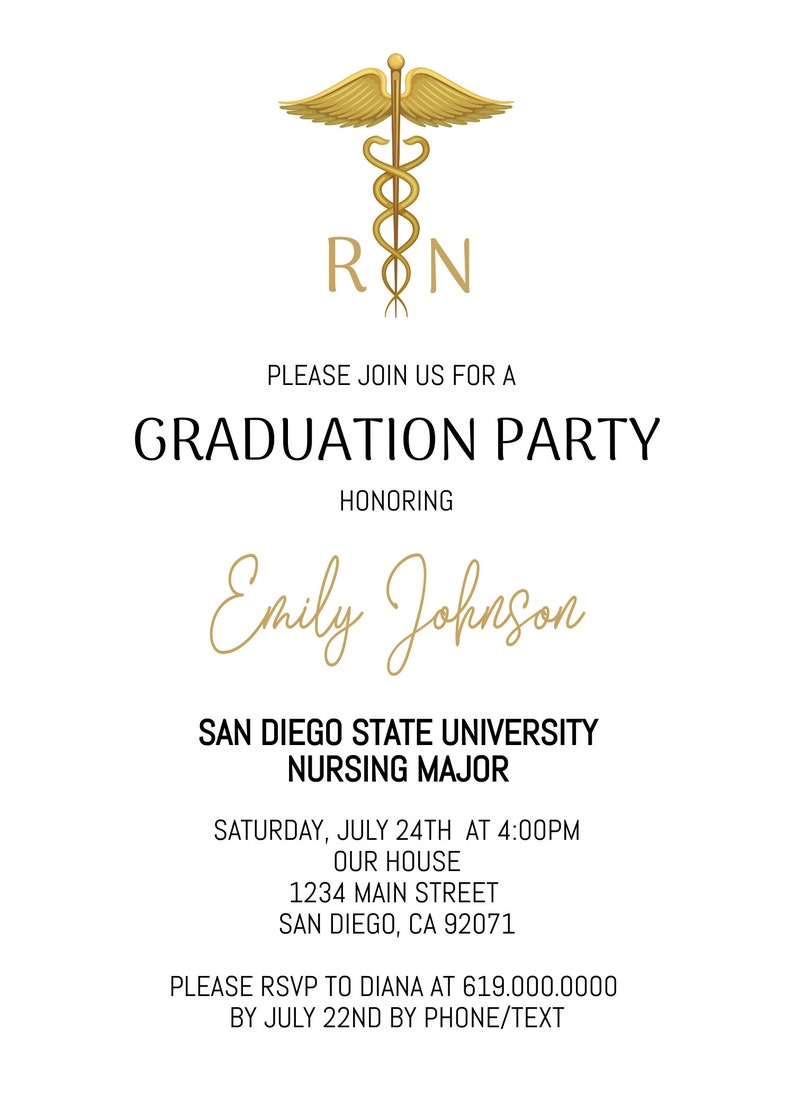 Nurse Graduation Invitation Template, Minimalist Gold Nurse RN ...