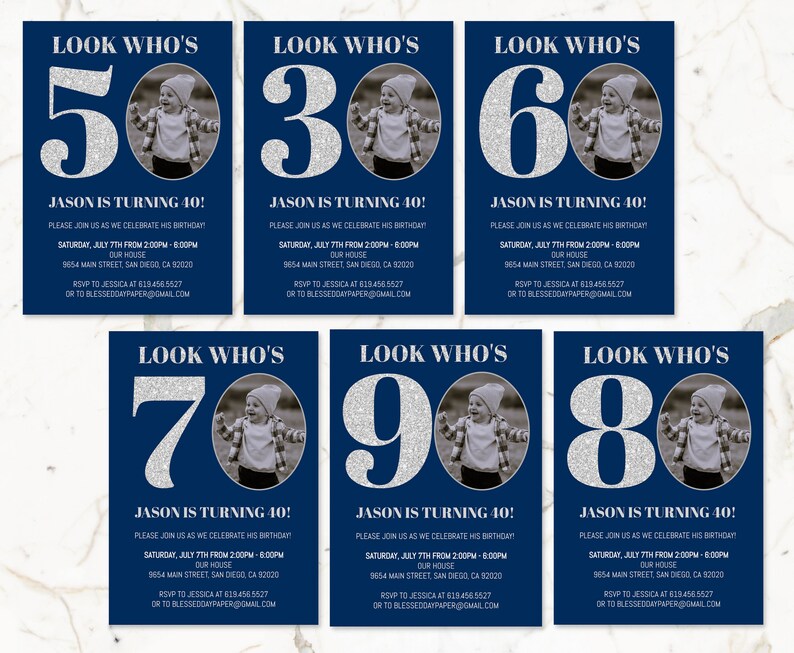 Silver & Blue Birthday Invitation for Men Women, Navy Blue Birthday ...